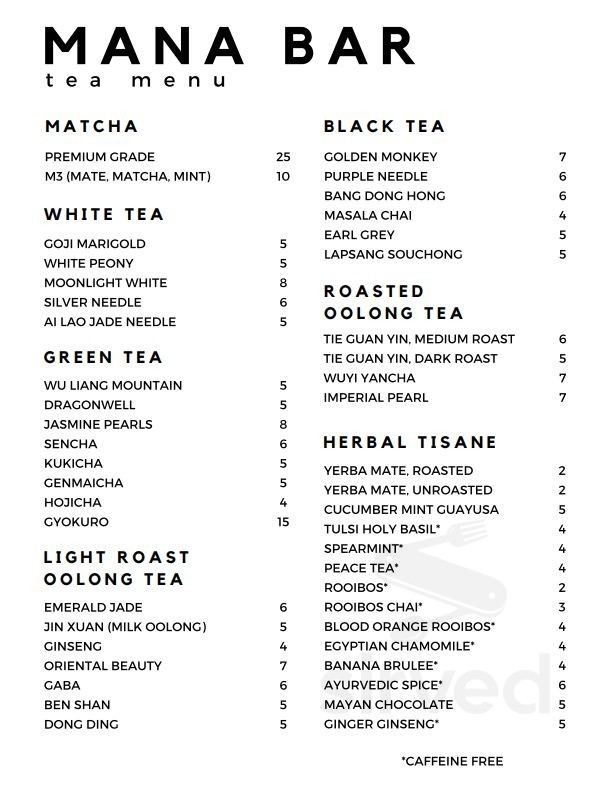 Mana Bar: Exotic Beverage Lounge menu in Lawrence, Kansas, USA