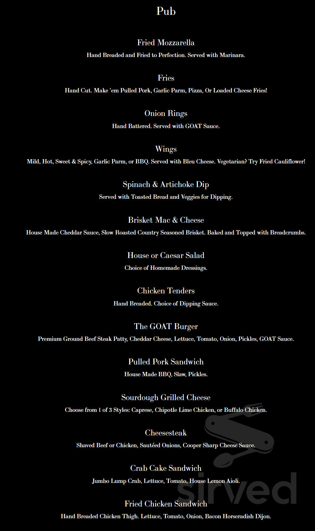 The GOAT Pub & Pie menu in Stockertown, Pennsylvania, USA
