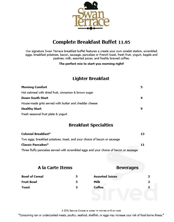 The Swan Terrace menu in Virginia Beach, Virginia, USA