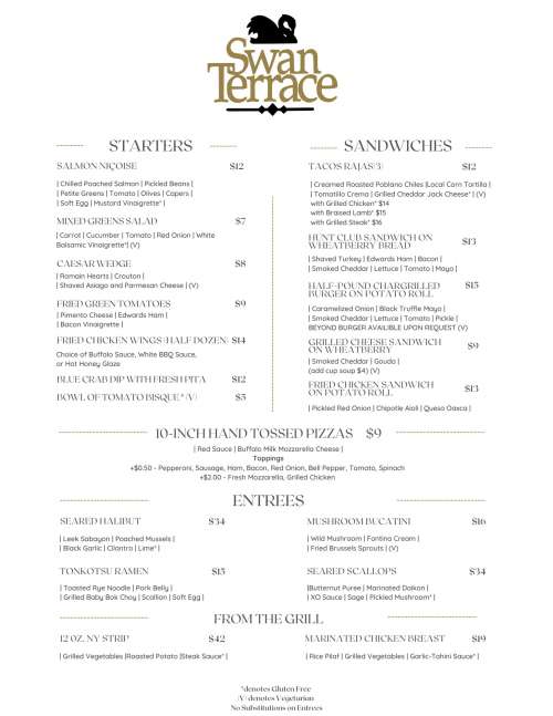 The Swan Terrace menu in Virginia Beach, Virginia, USA