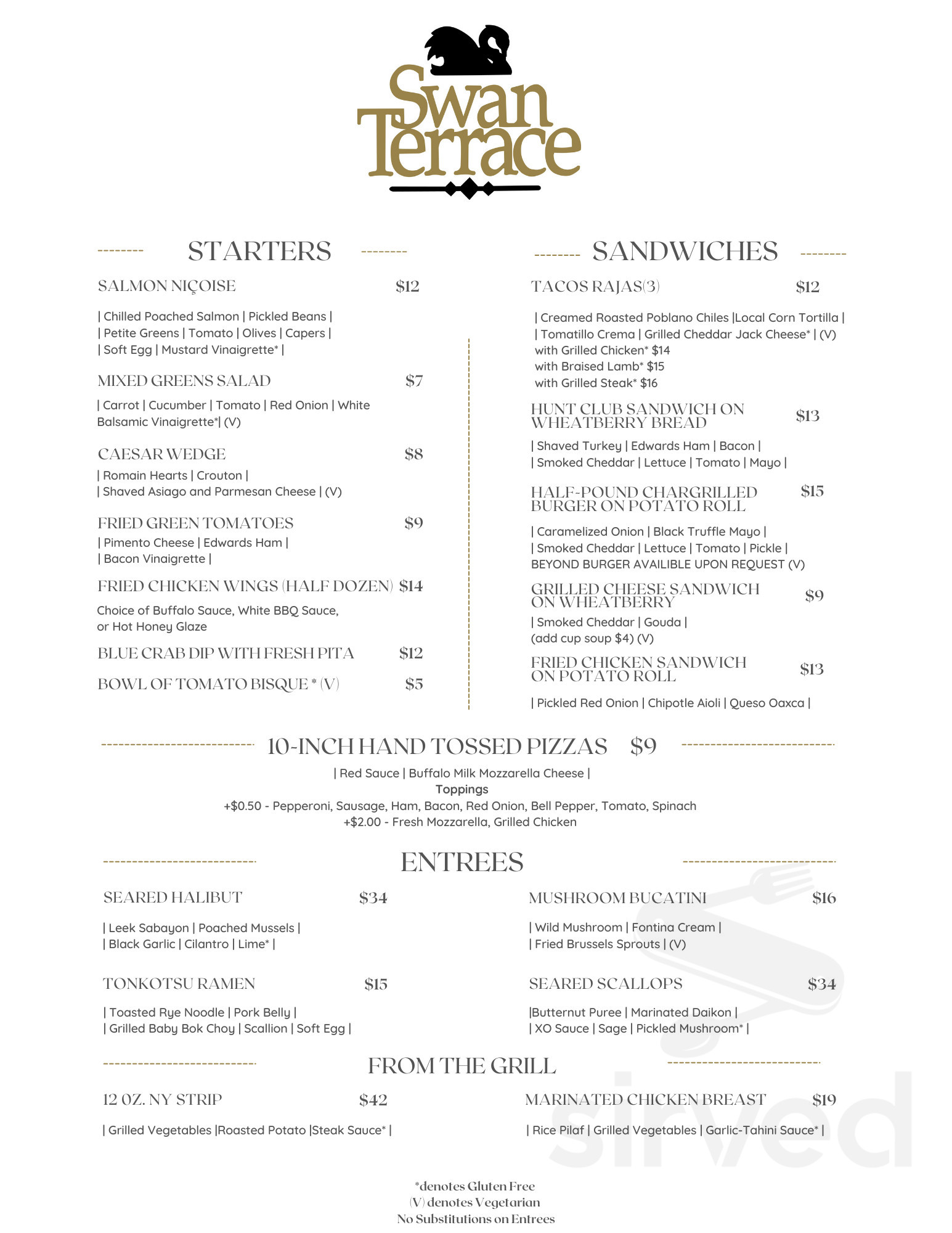 The Swan Terrace menu in Virginia Beach, Virginia, USA
