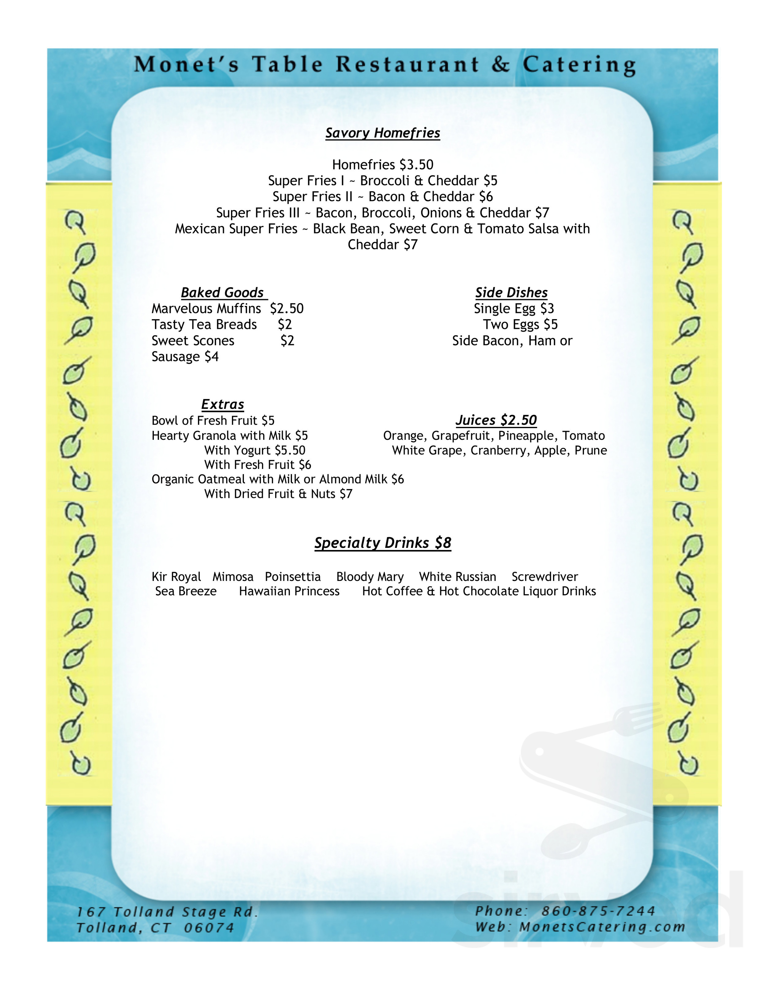 Monet's Table Restaurant menus in Tolland, Connecticut, United States