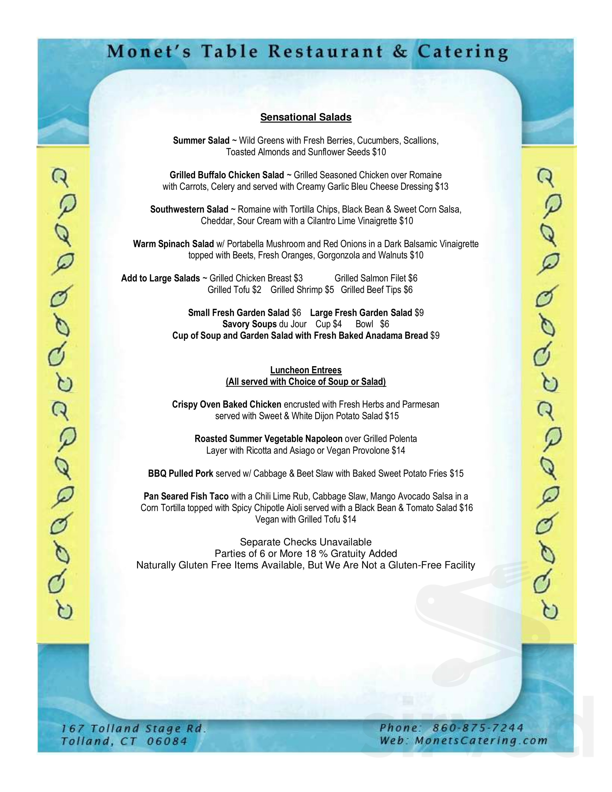 Monet's Table Restaurant menus in Tolland, Connecticut, United States