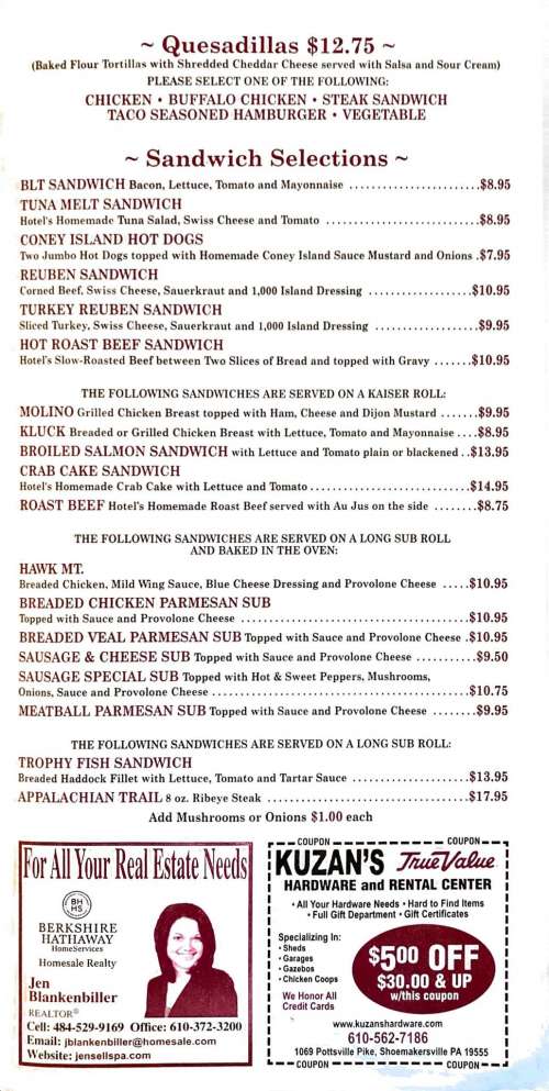 Port Clinton Hotel menu in Port Clinton, Pennsylvania, USA