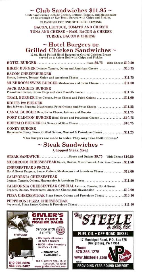 Port Clinton Hotel menu in Port Clinton, Pennsylvania, USA