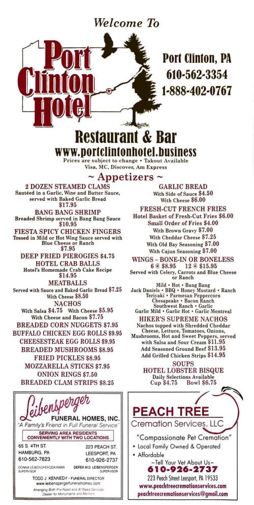 Port Clinton Hotel menu in Port Clinton, Pennsylvania, USA