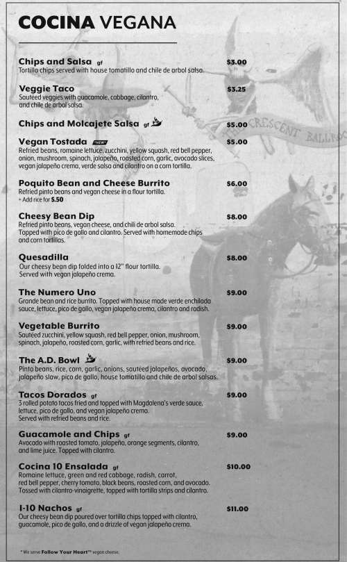 Crescent Ballroom menu in Phoenix, Arizona, USA