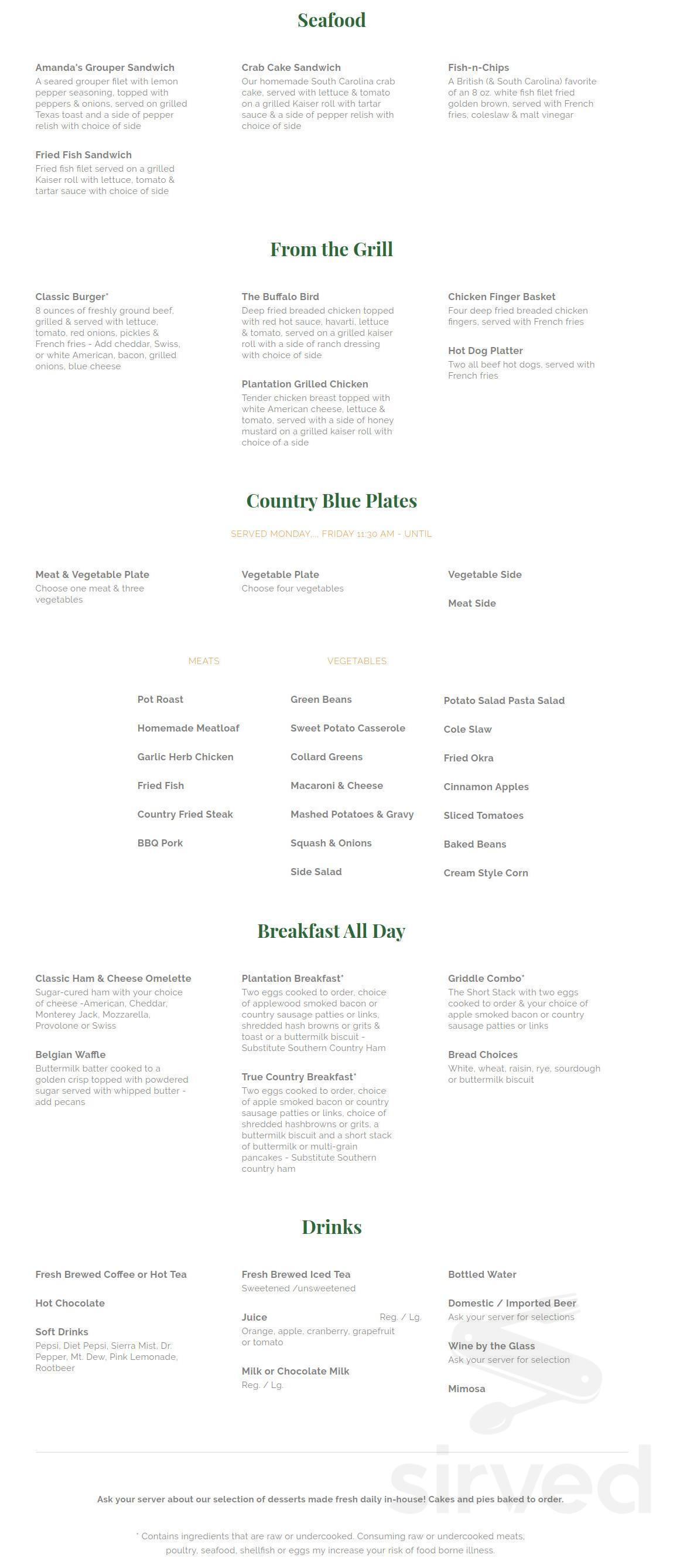 Plantation Cafe & Deli menu in Hilton Head Island, South Carolina, USA