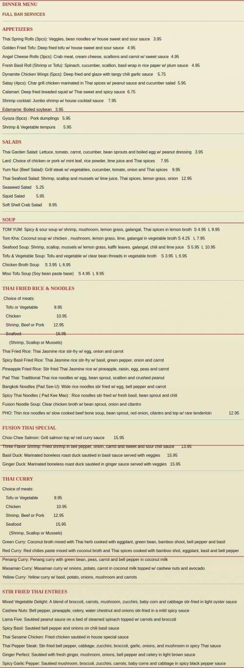 Fusion Thai & Japanese menu in Newberry, South Carolina, USA