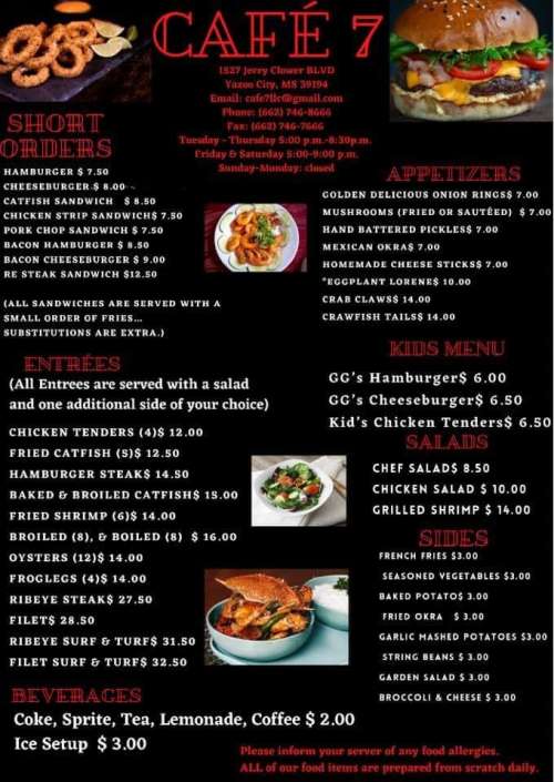 Cafe 7 menu in Yazoo City, Mississippi, USA