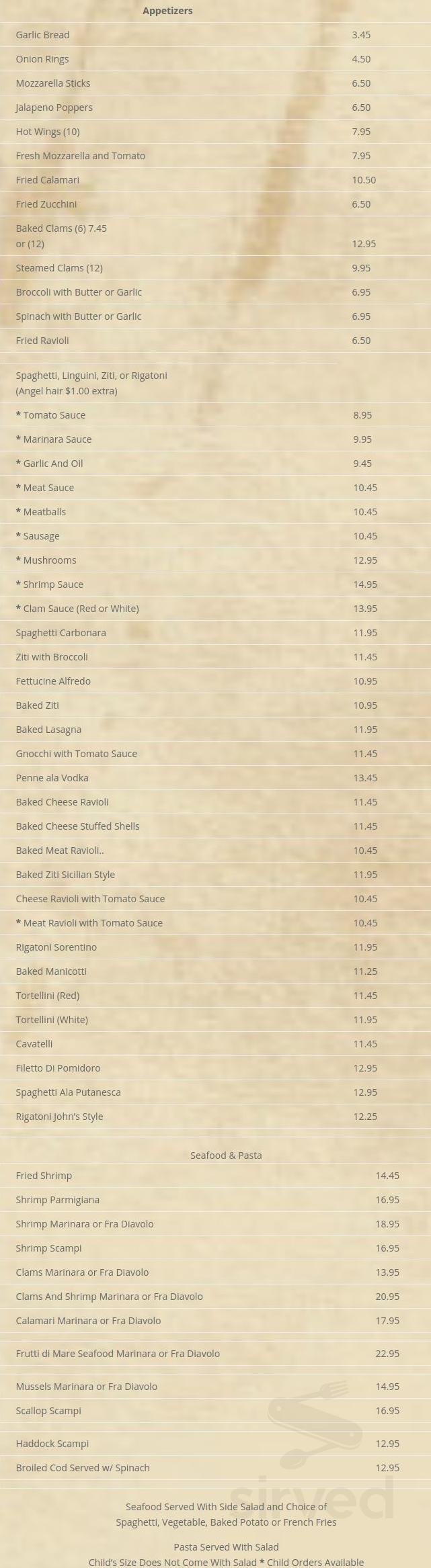 John's Italian Restaurant menu in Hamlin, Pennsylvania, USA