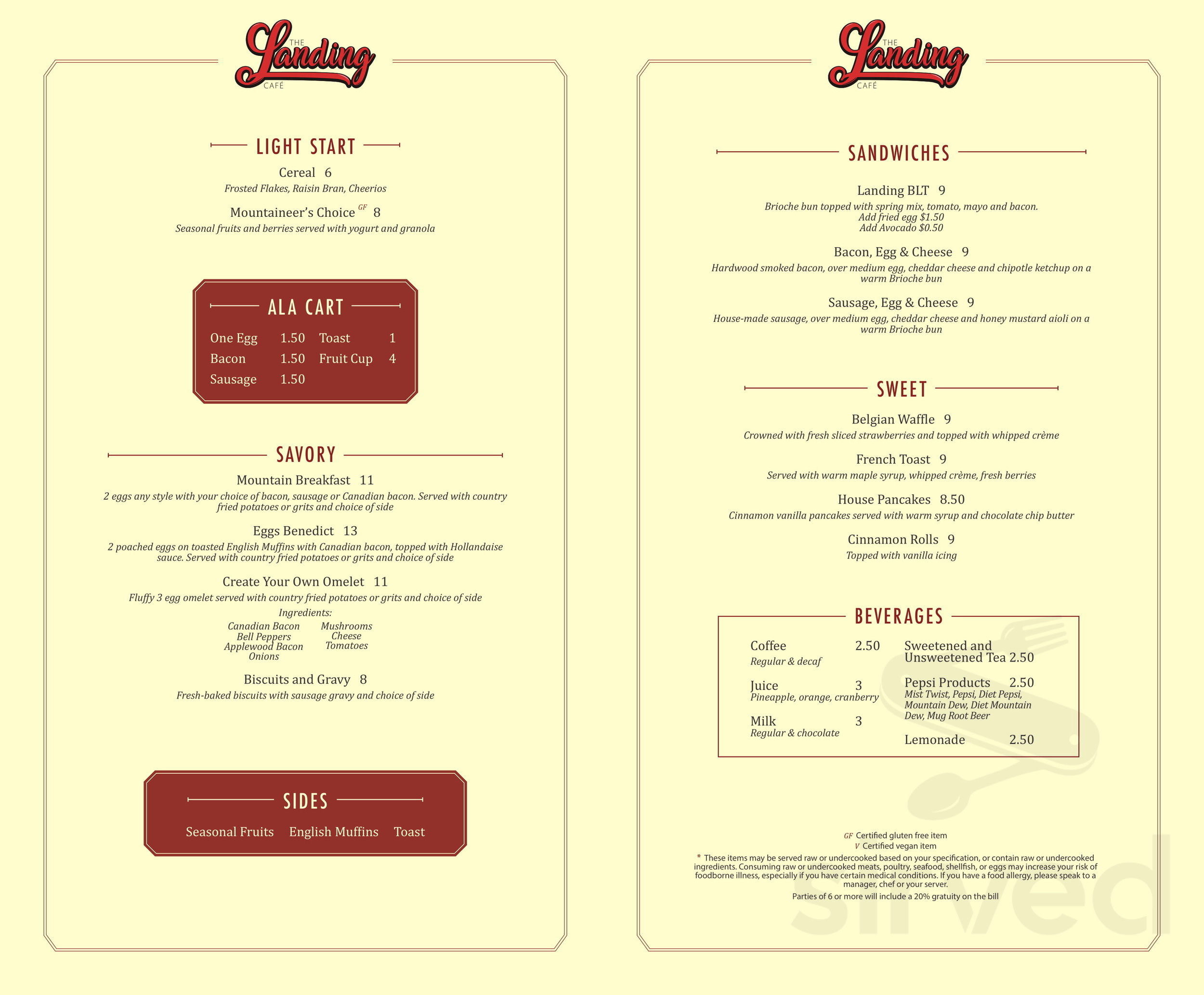 The Landing Cafe menu in Murphy, North Carolina, USA