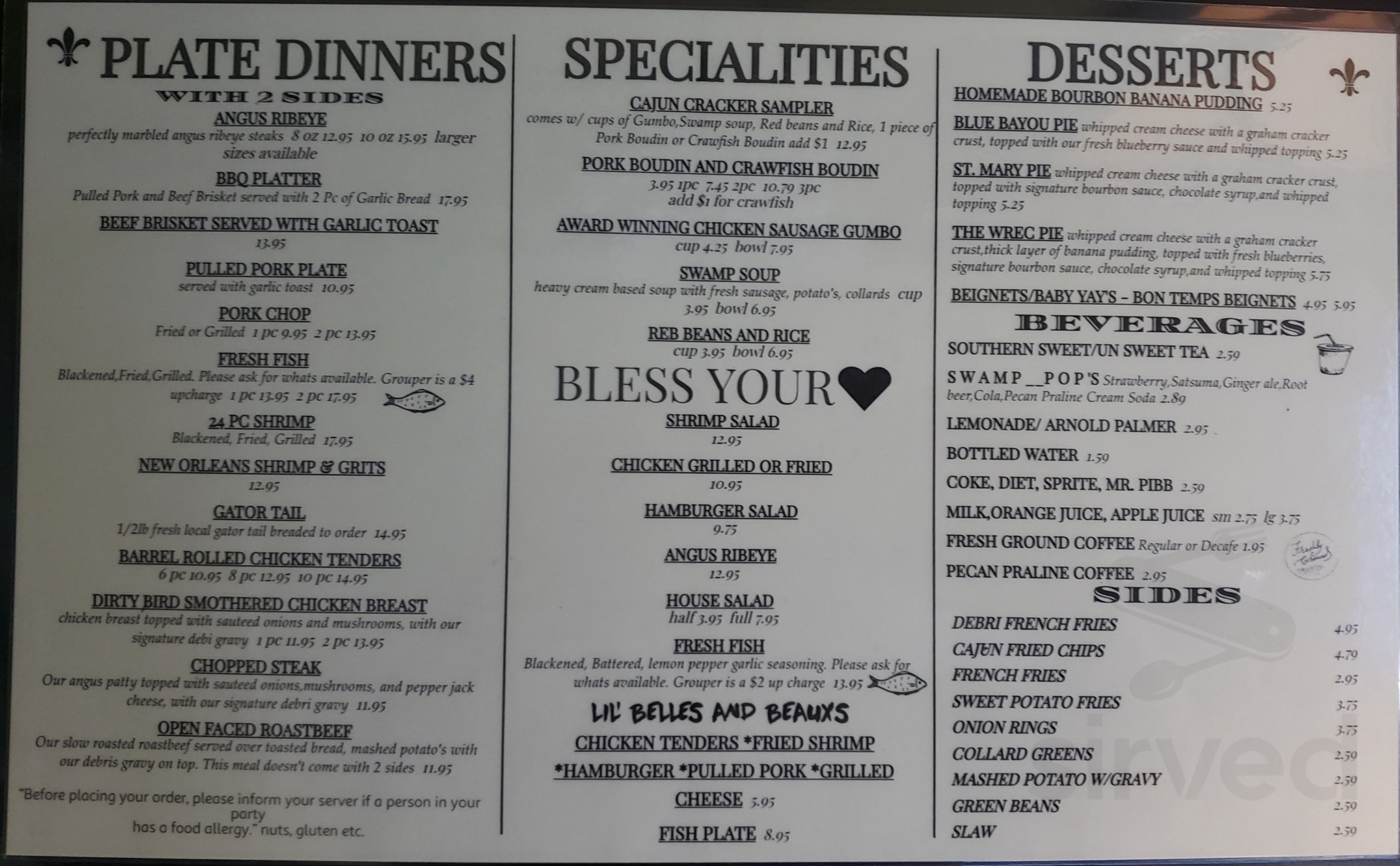 Menu - Ridge Manor FL's Southern Harmony Cafe | Sirved