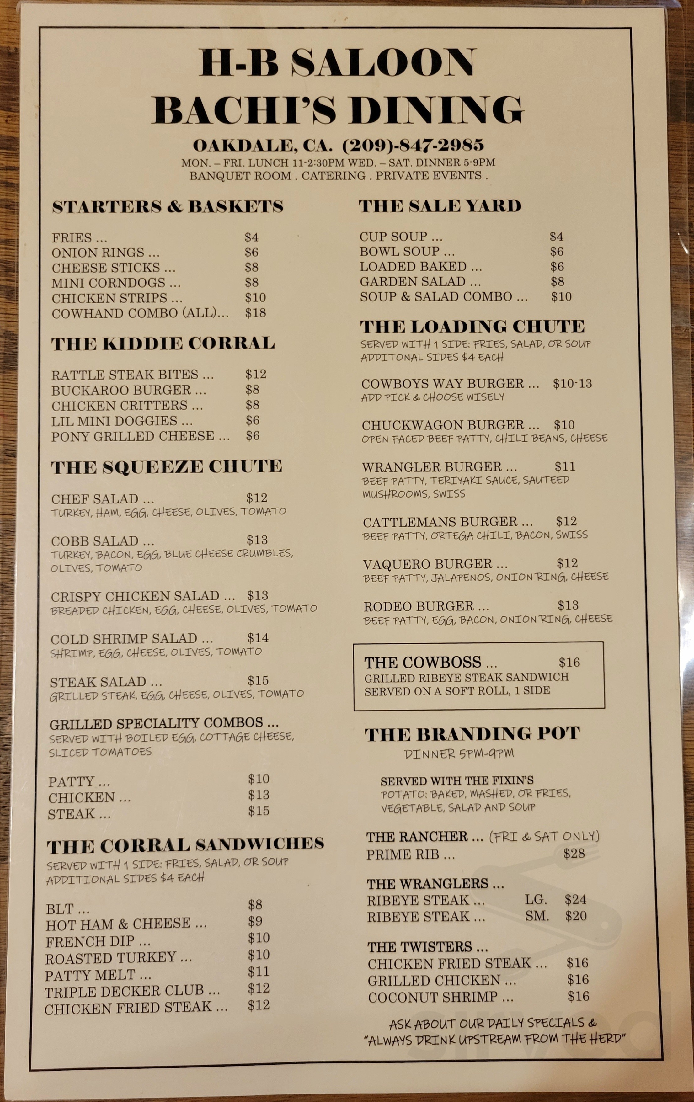 H-B Saloon menu in Oakdale, California, USA