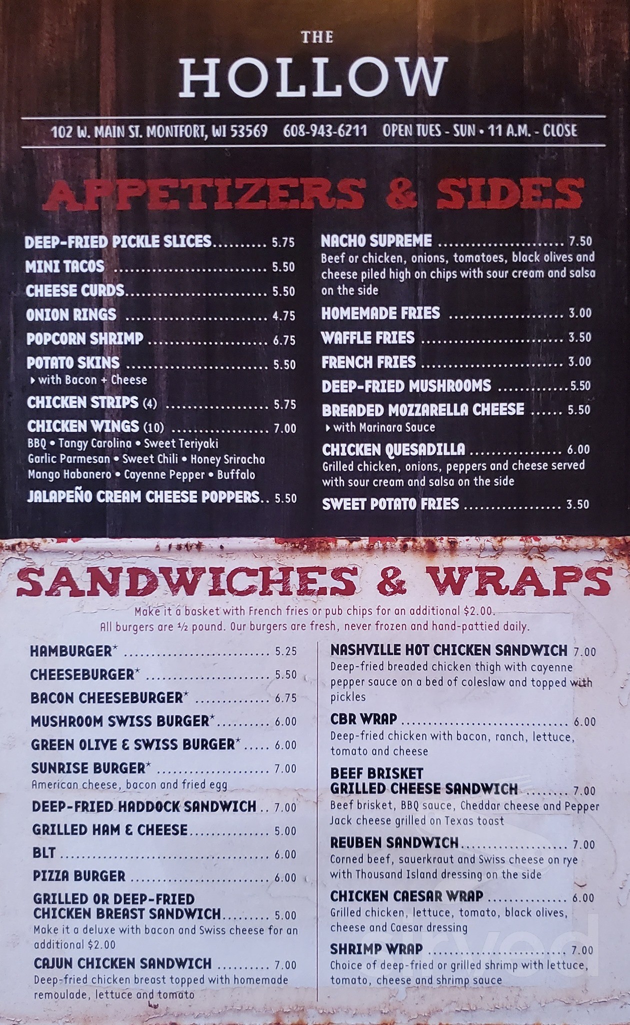 The Hollow Bar & Grill menus in Montfort, Wisconsin, United States