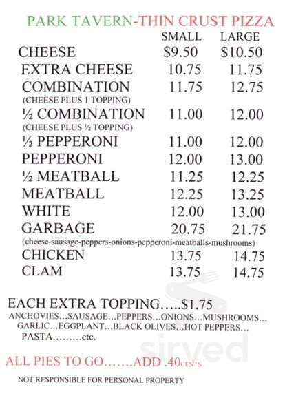 The New Park Tavern menu in East Rutherford, New Jersey, USA