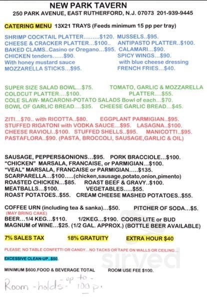The New Park Tavern menu in East Rutherford, New Jersey, USA
