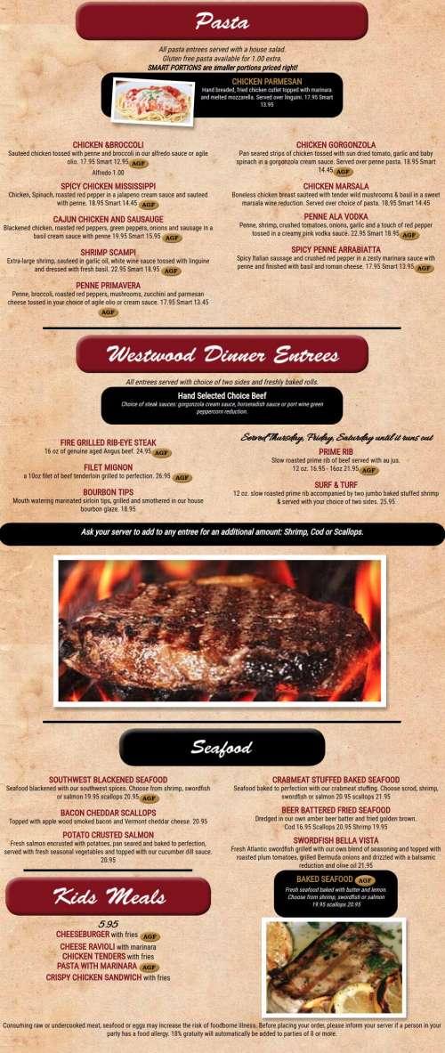 Westwood Restaurant and Pub menu in Westfield, Massachusetts, USA