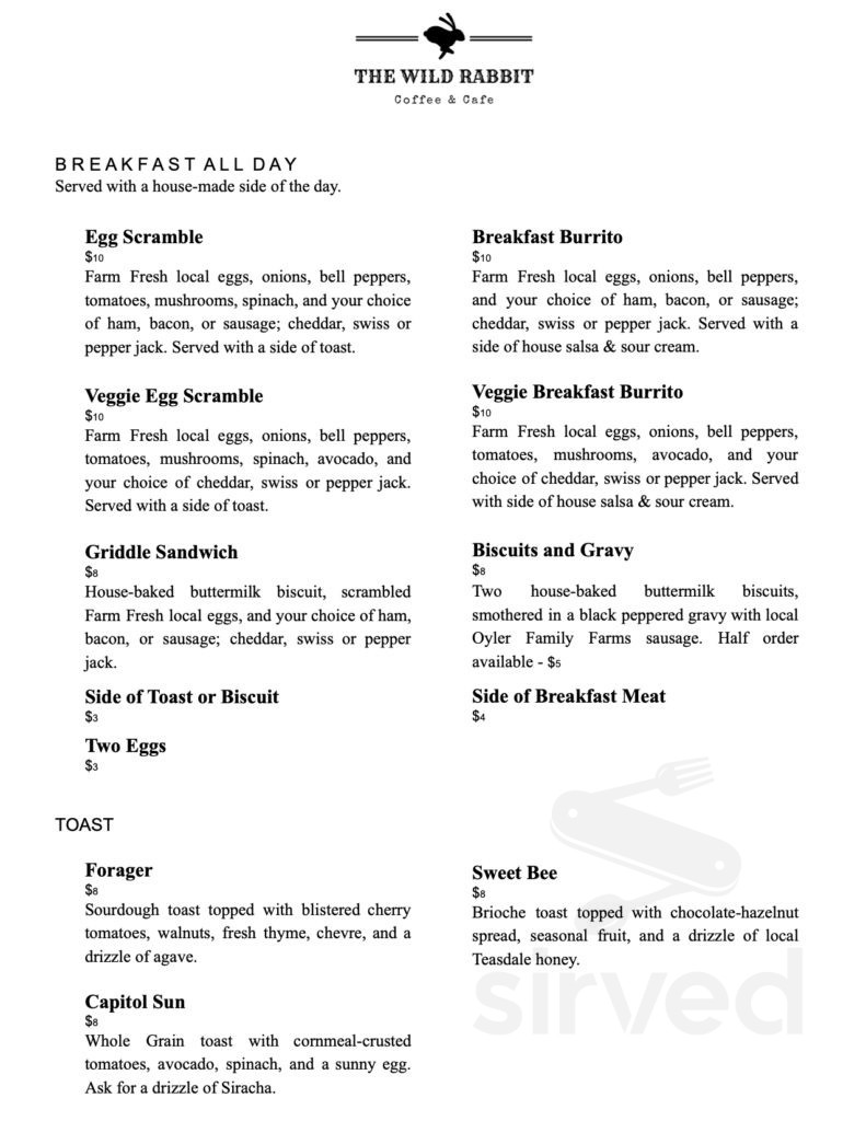 Menu - Torrey UT's The Wild Rabbit Cafe | Sirved