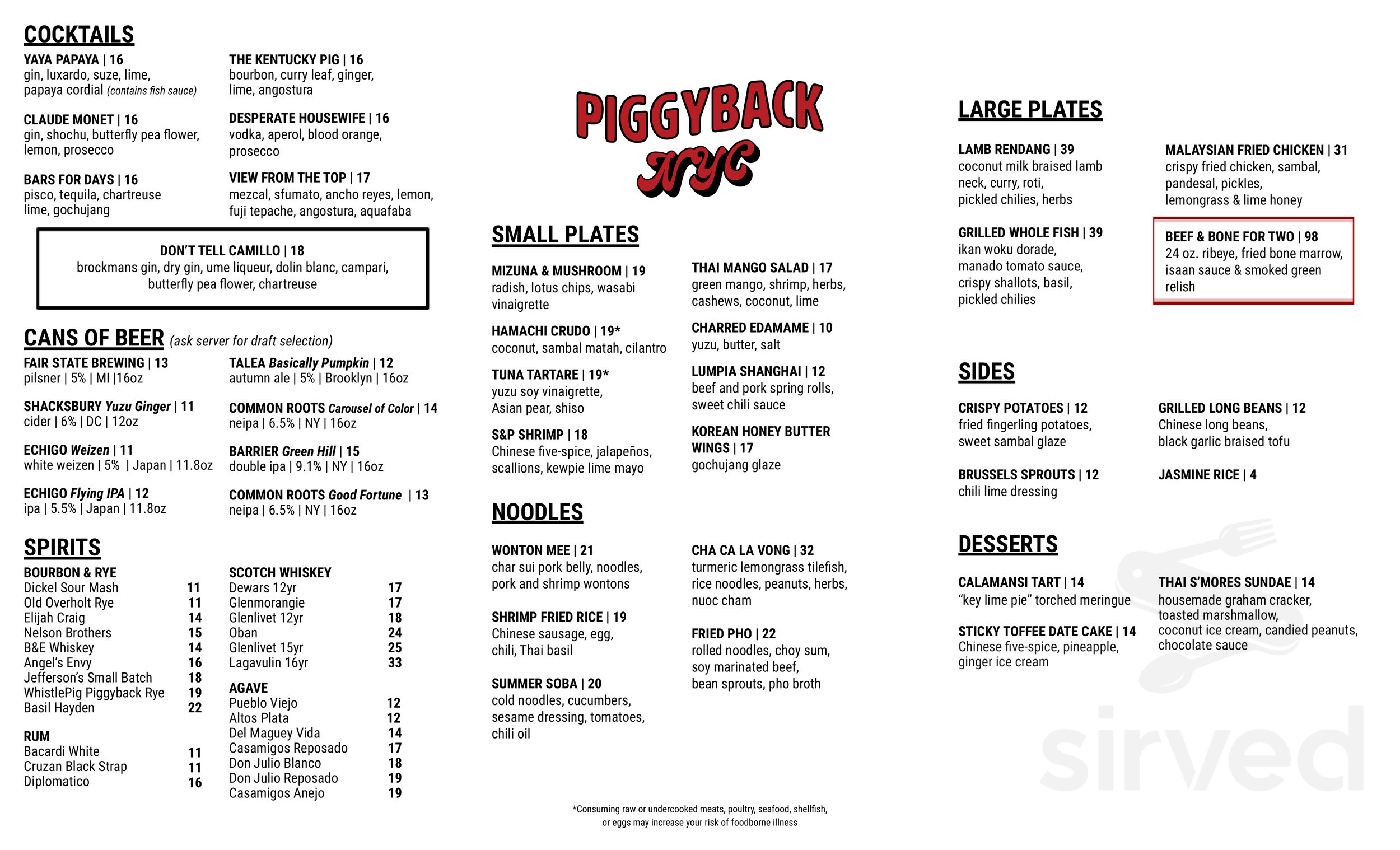 Menu - New York NY's Piggyback by Pig & Khao | Sirved