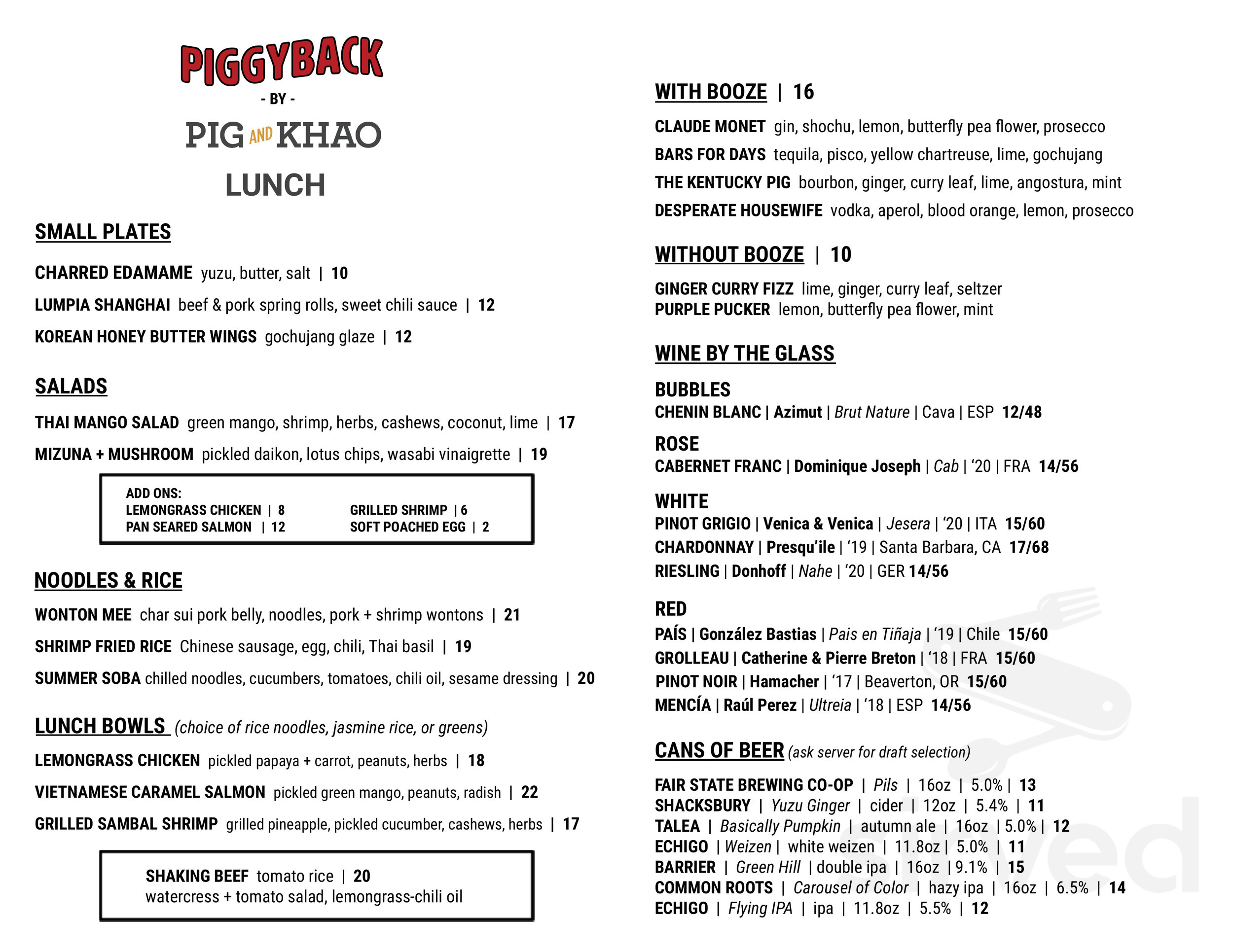 Menu - New York NY's Piggyback by Pig & Khao | Sirved