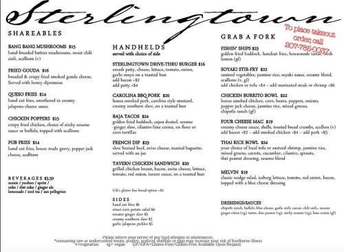 Sterlingtown Public House menu in Union, Maine, USA