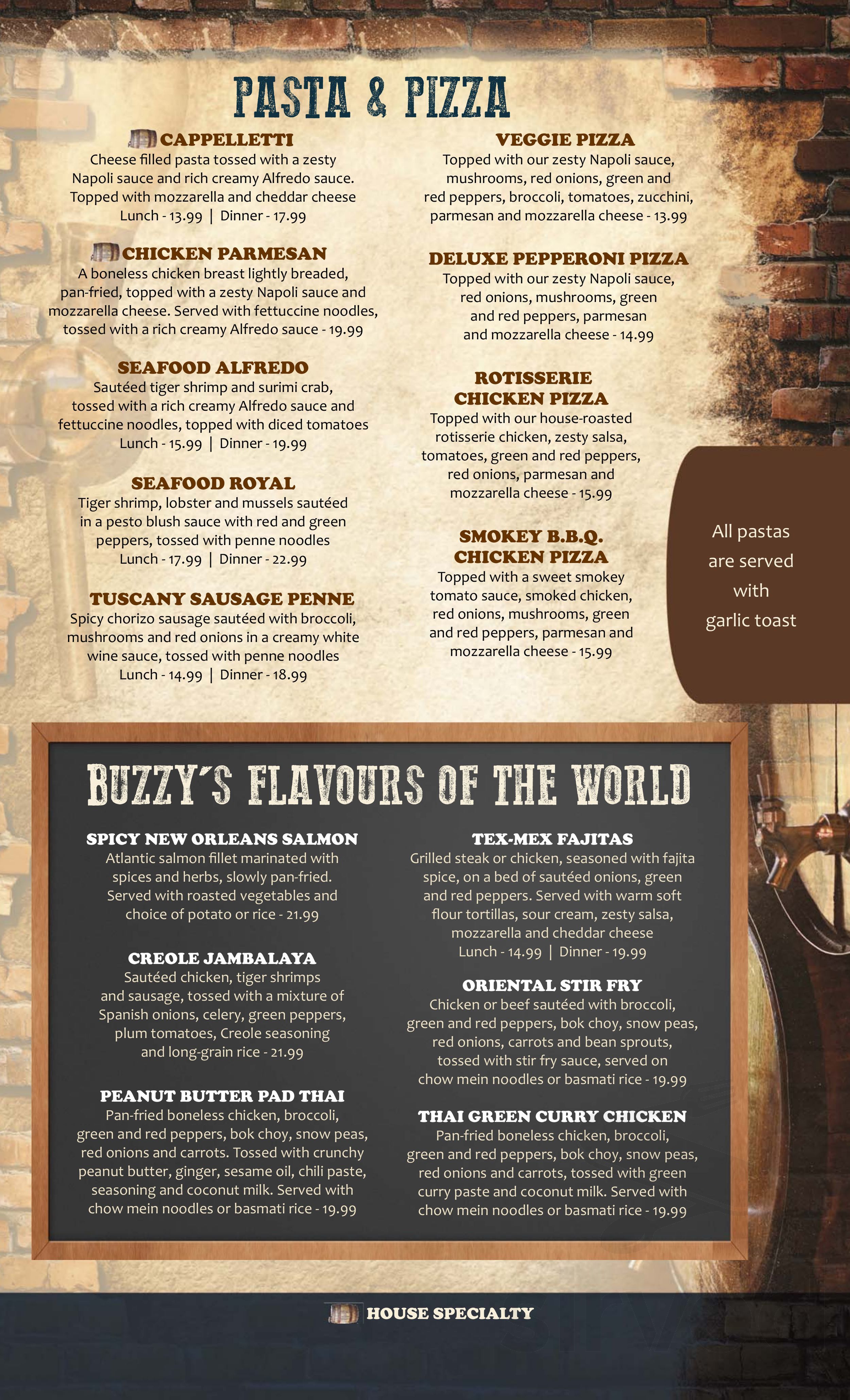 Buzzy Brown's Brasserie menus in Greater Sudbury, Ontario, Canada