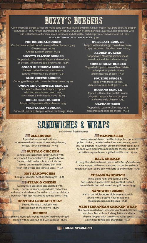 Buzzy Brown's Brasserie menu in Greater Sudbury, Ontario, Canada