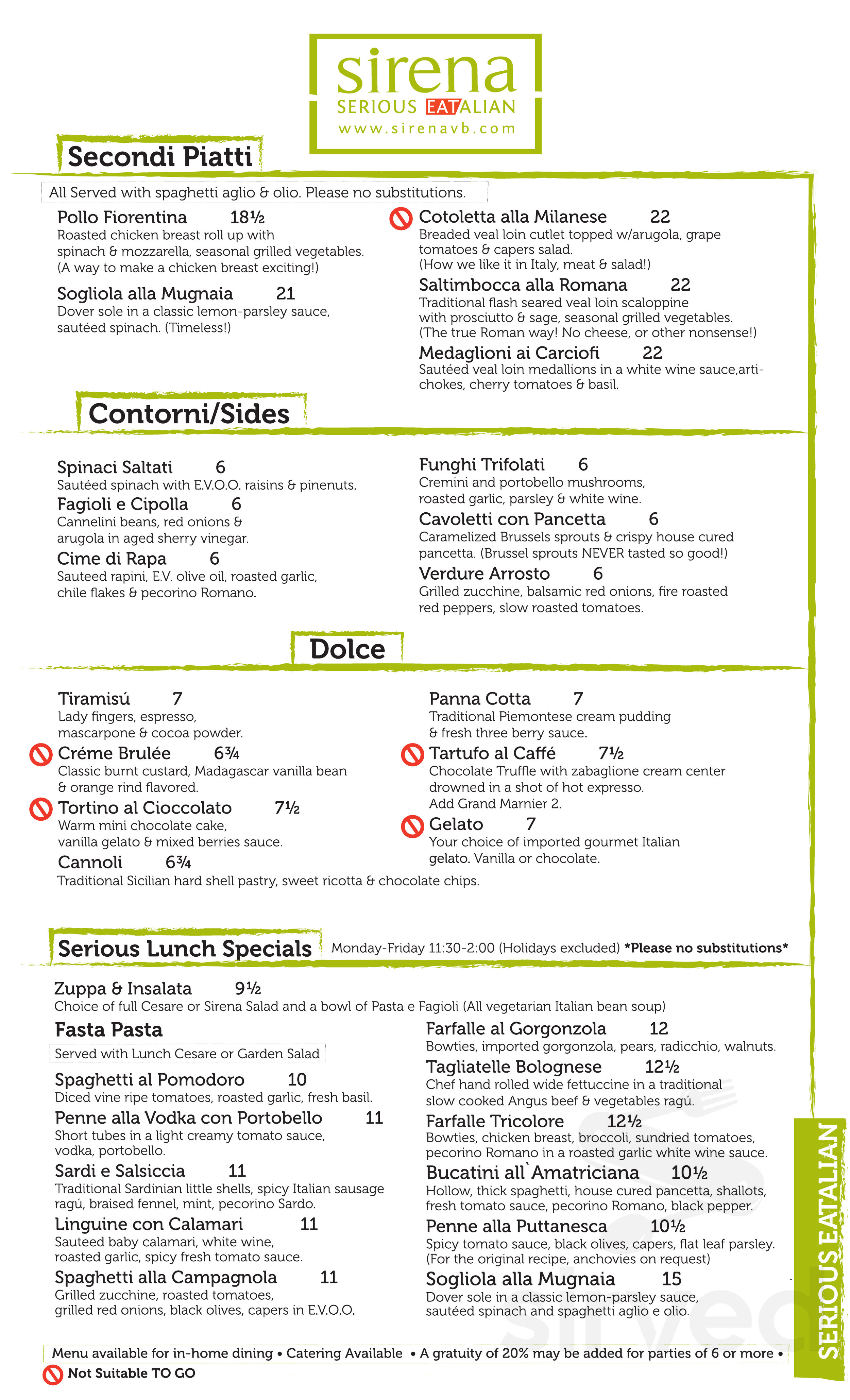Sirena Serious EATalian menu in Virginia Beach, Virginia, USA