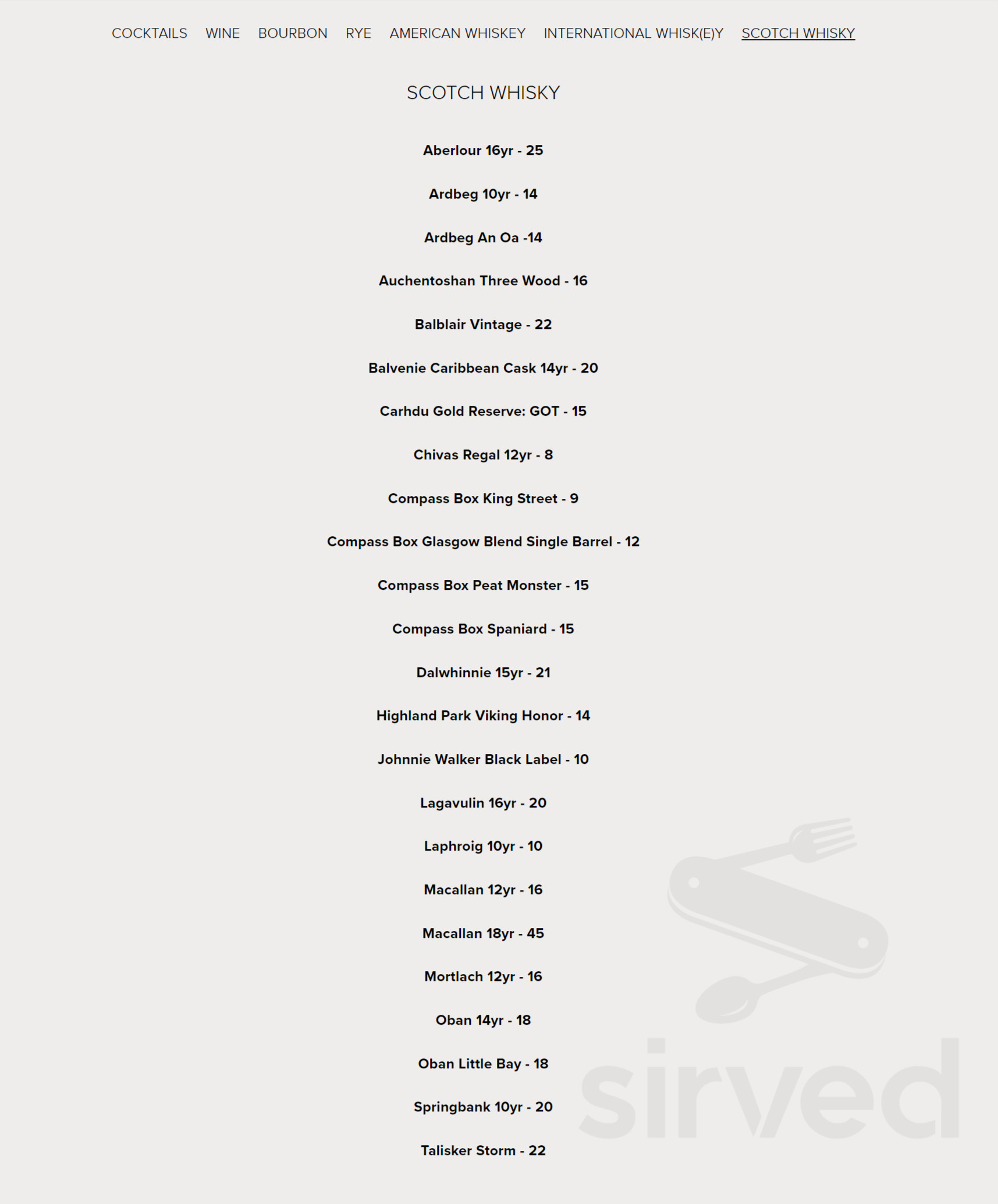 Cured 18th & 21st menu in Columbia, Maryland, USA