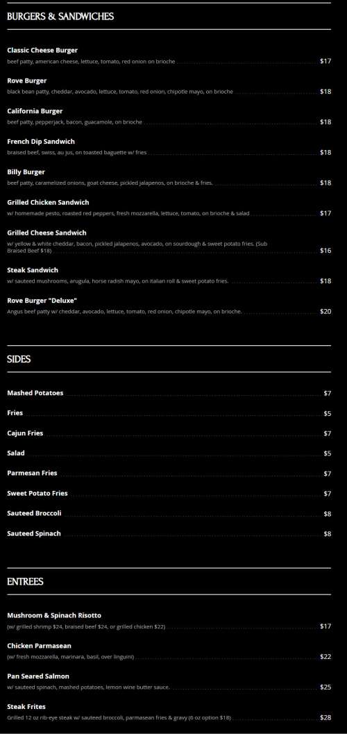 Rove menu in Forest Hills, New York, USA