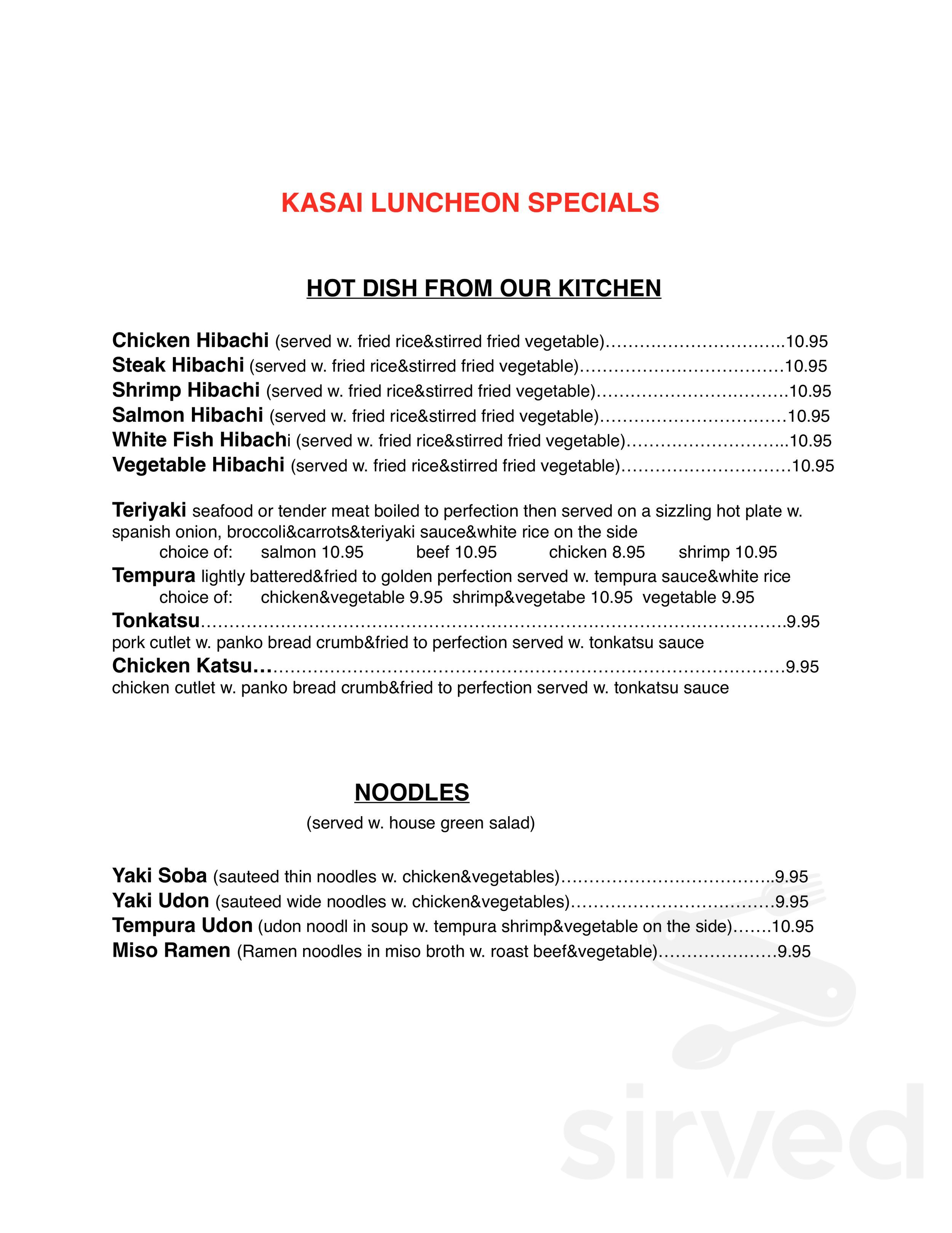 Kasai Japanese Restaurant menu in Wadsworth, Ohio, USA