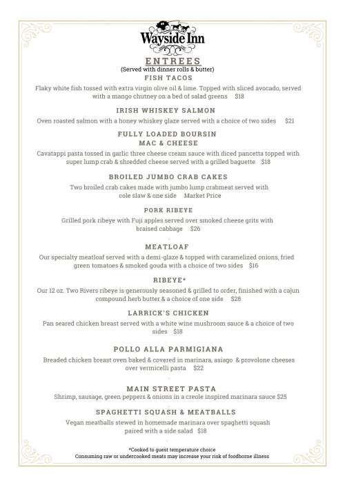 Wayside Inn & Larrick's Tavern menu in Middletown, Virginia, USA