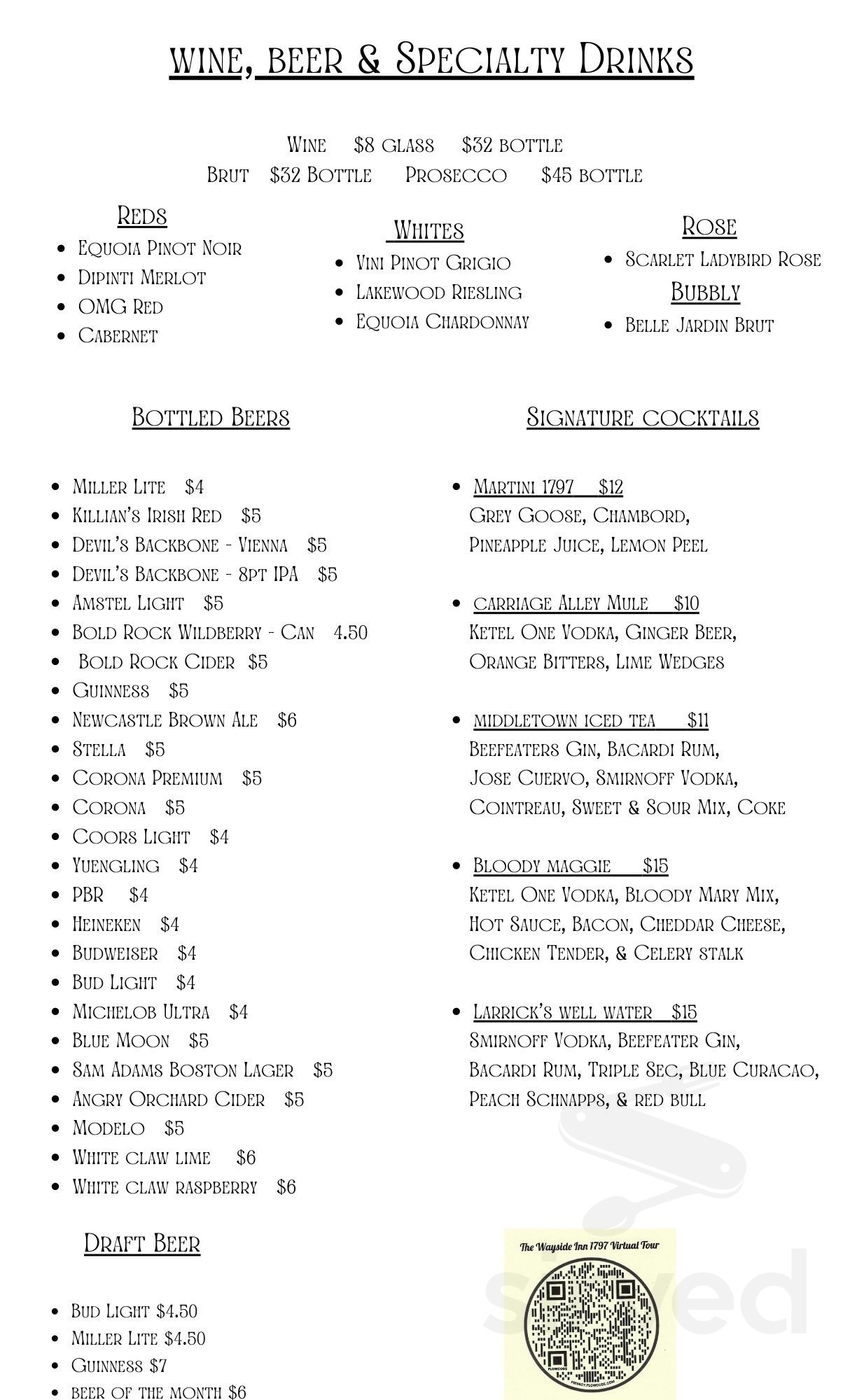 Wayside Inn & Larrick's Tavern menu in Middletown, Virginia, USA