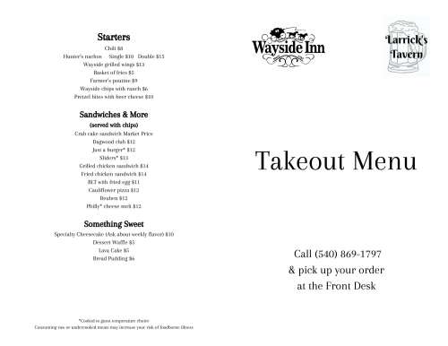 Wayside Inn & Larrick's Tavern menu in Middletown, Virginia, USA