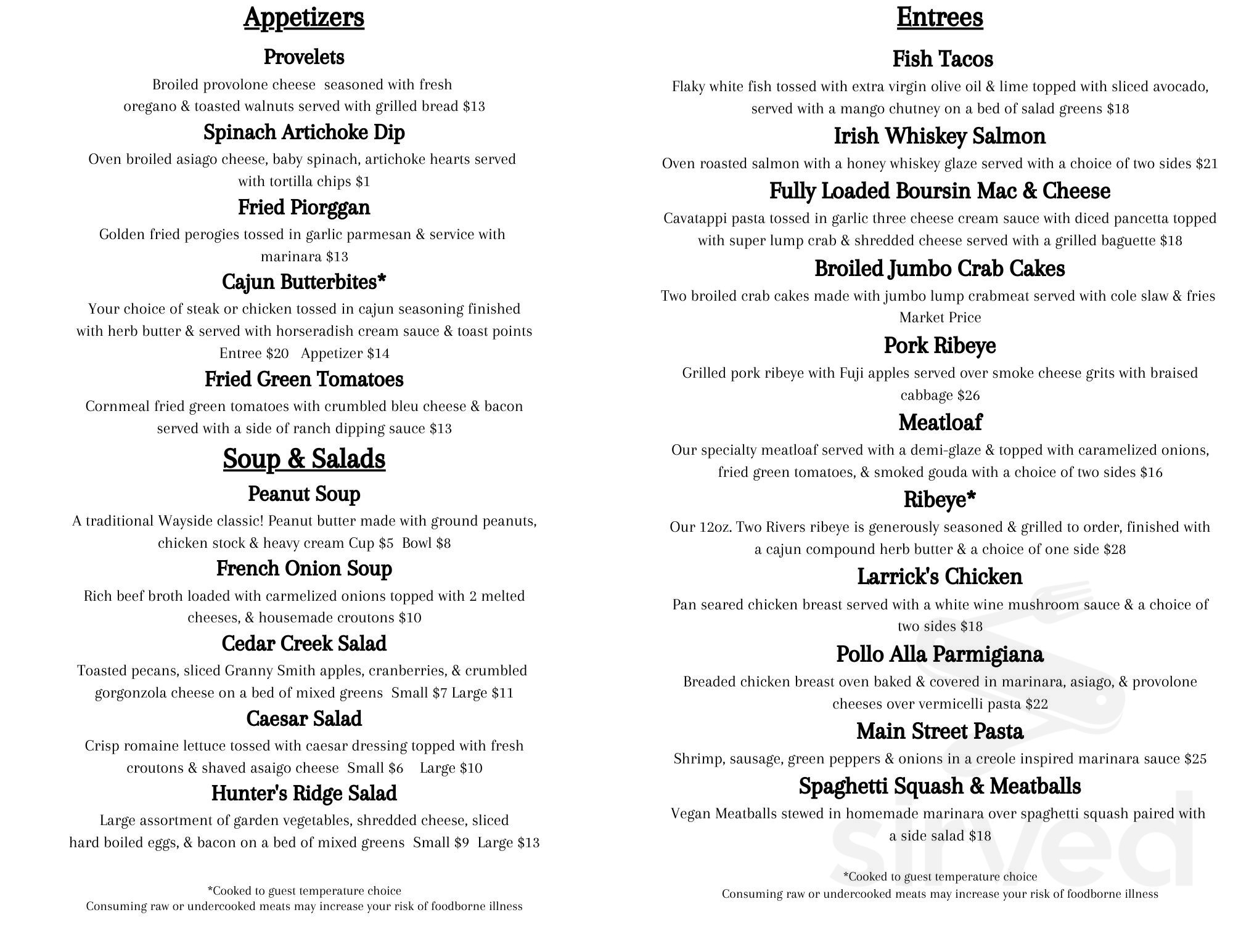 Menu for Wayside Inn & Larrick's Tavern in Middletown, Virginia, United ...