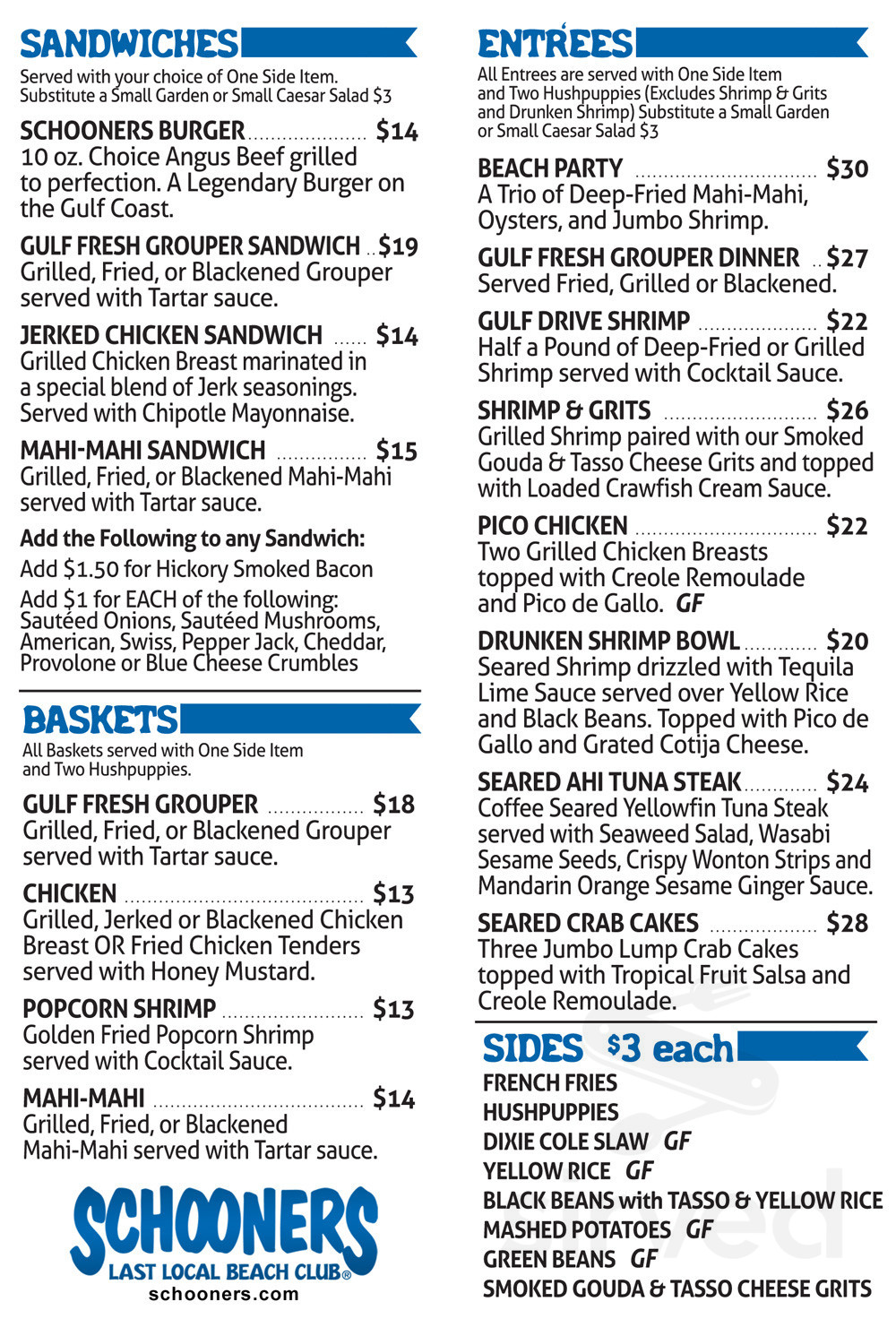 Schooners menu in Panama City, Florida, USA