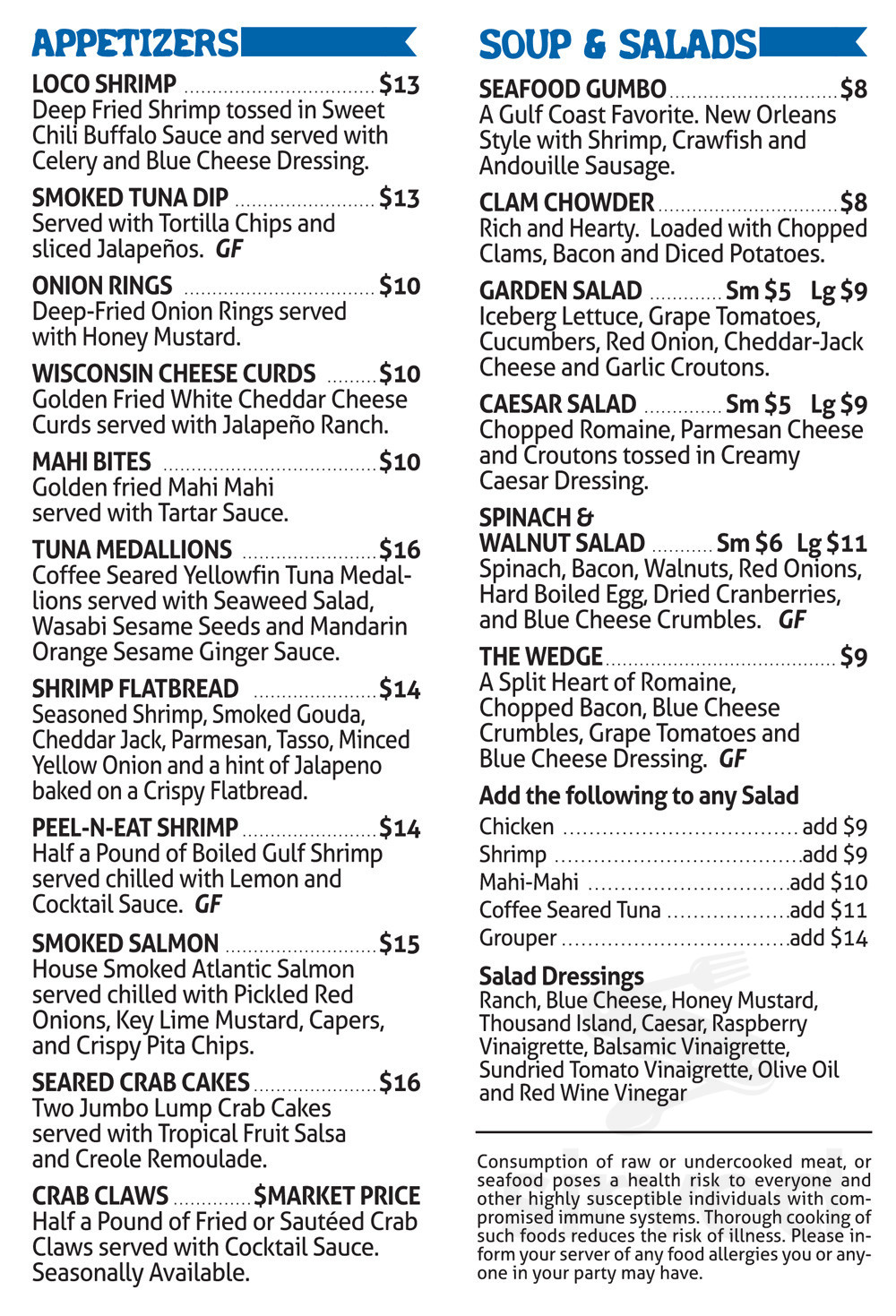 Schooners menu in Panama City, Florida, USA