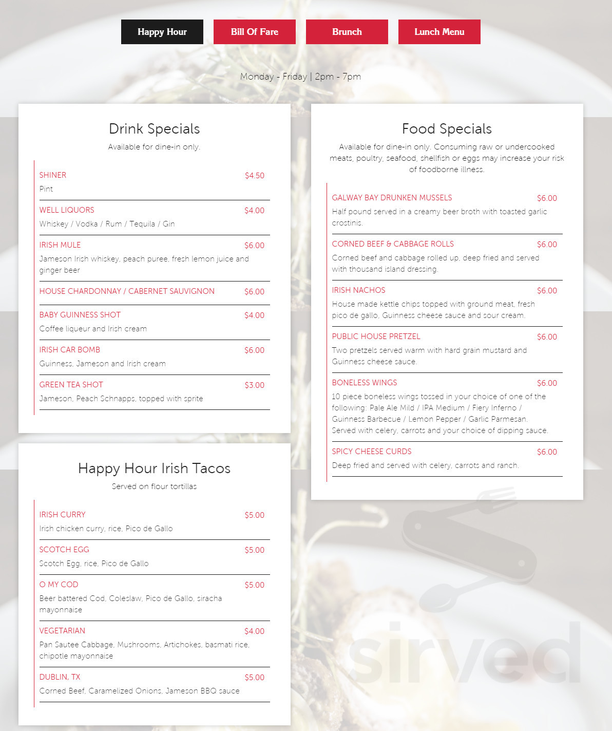 The Playwright Irish Pub menu in Dallas, Texas, USA