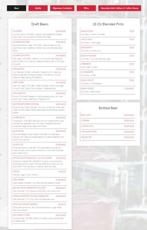 The Playwright Irish Pub menu in Dallas, Texas, USA
