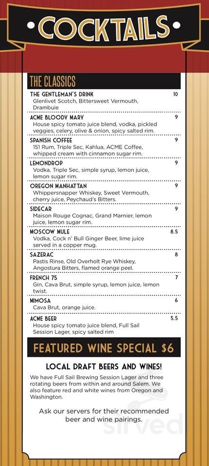 ACME Cafe menu in Salem, Oregon, USA