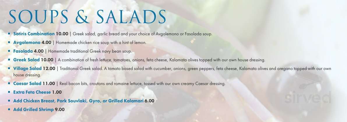 Sotiris Greek Restaurant menu in Burlington, Ontario, Canada