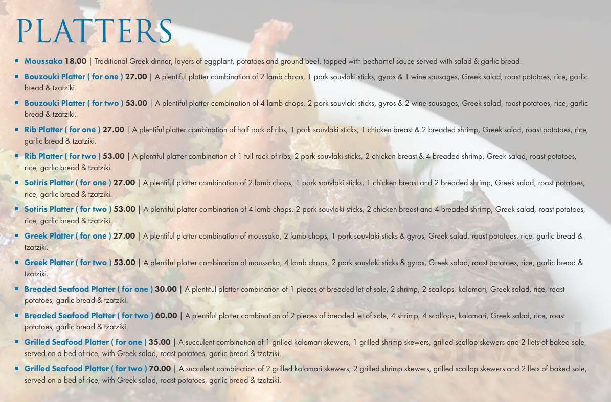 Sotiris Greek Restaurant menus in Burlington, Ontario, Canada