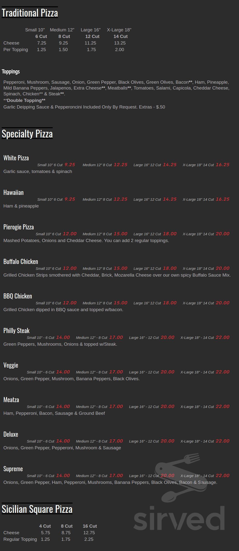 Zuko's Pizza menu in Coraopolis, Pennsylvania, USA