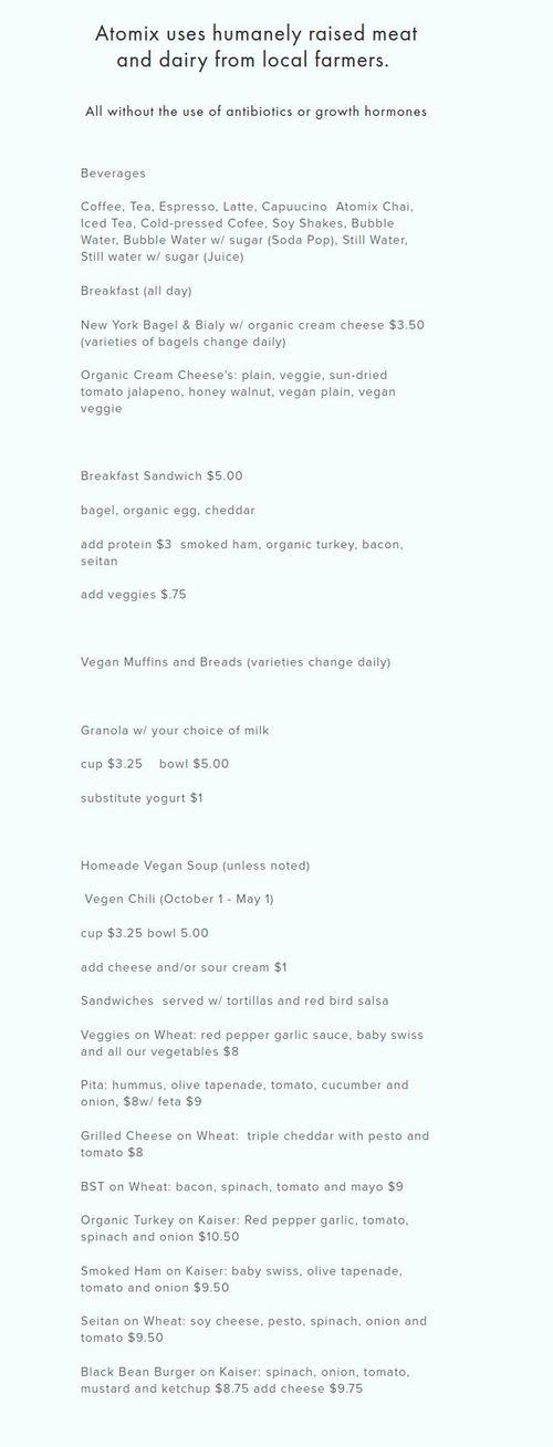 Atomix Cafe menu in Chicago, Illinois, USA