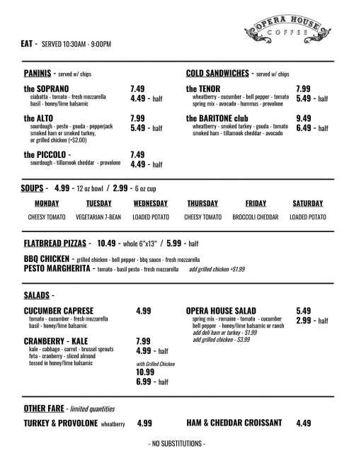 Opera House Coffee menu in Durant, Oklahoma, USA