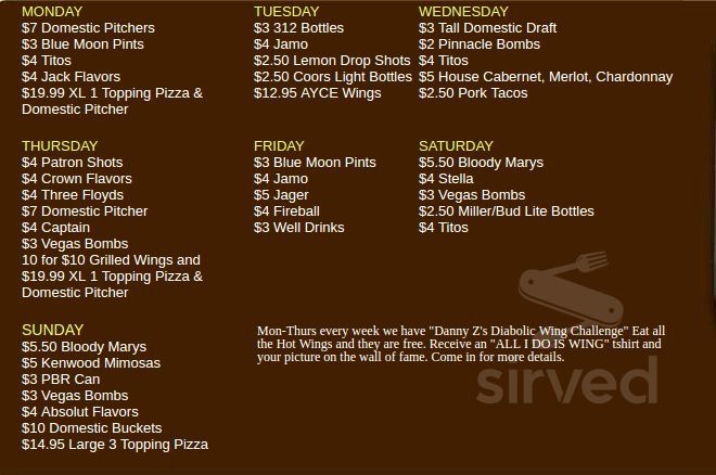 Danny Z's Grub & Pub menu in Munster, Indiana, USA