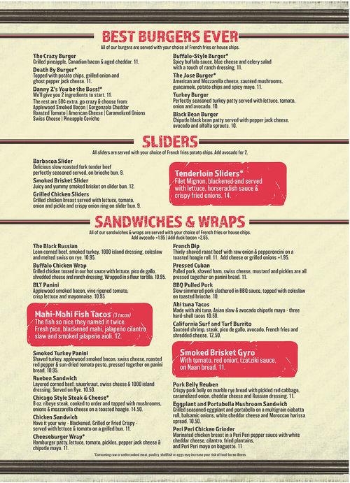 Danny Z's Grub & Pub menu in Munster, Indiana, USA
