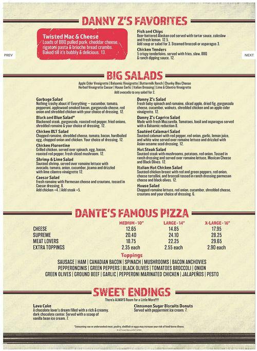 Danny Z's Grub & Pub menu in Munster, Indiana, USA