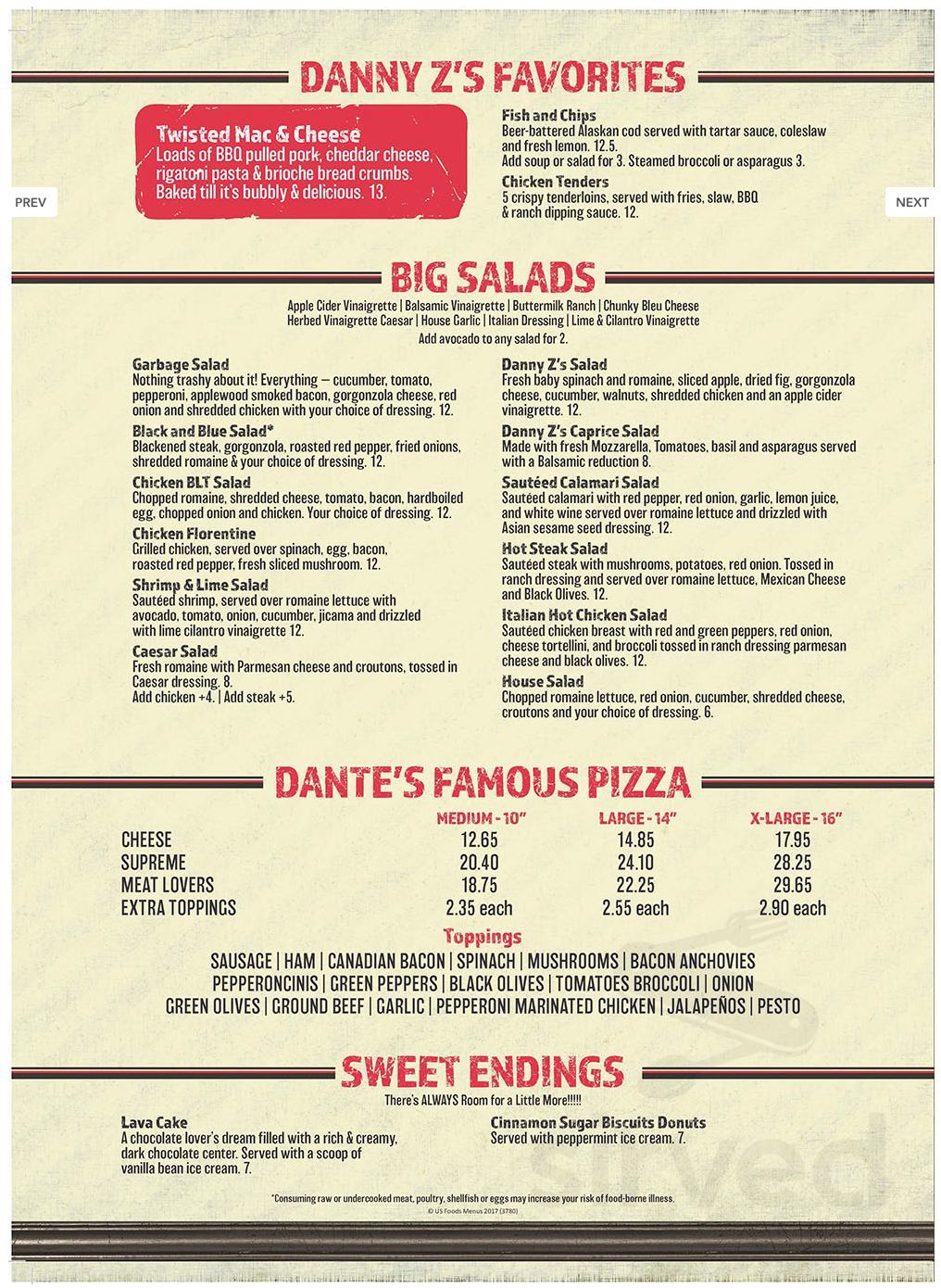 Danny Z's Grub & Pub menu in Munster, Indiana, USA